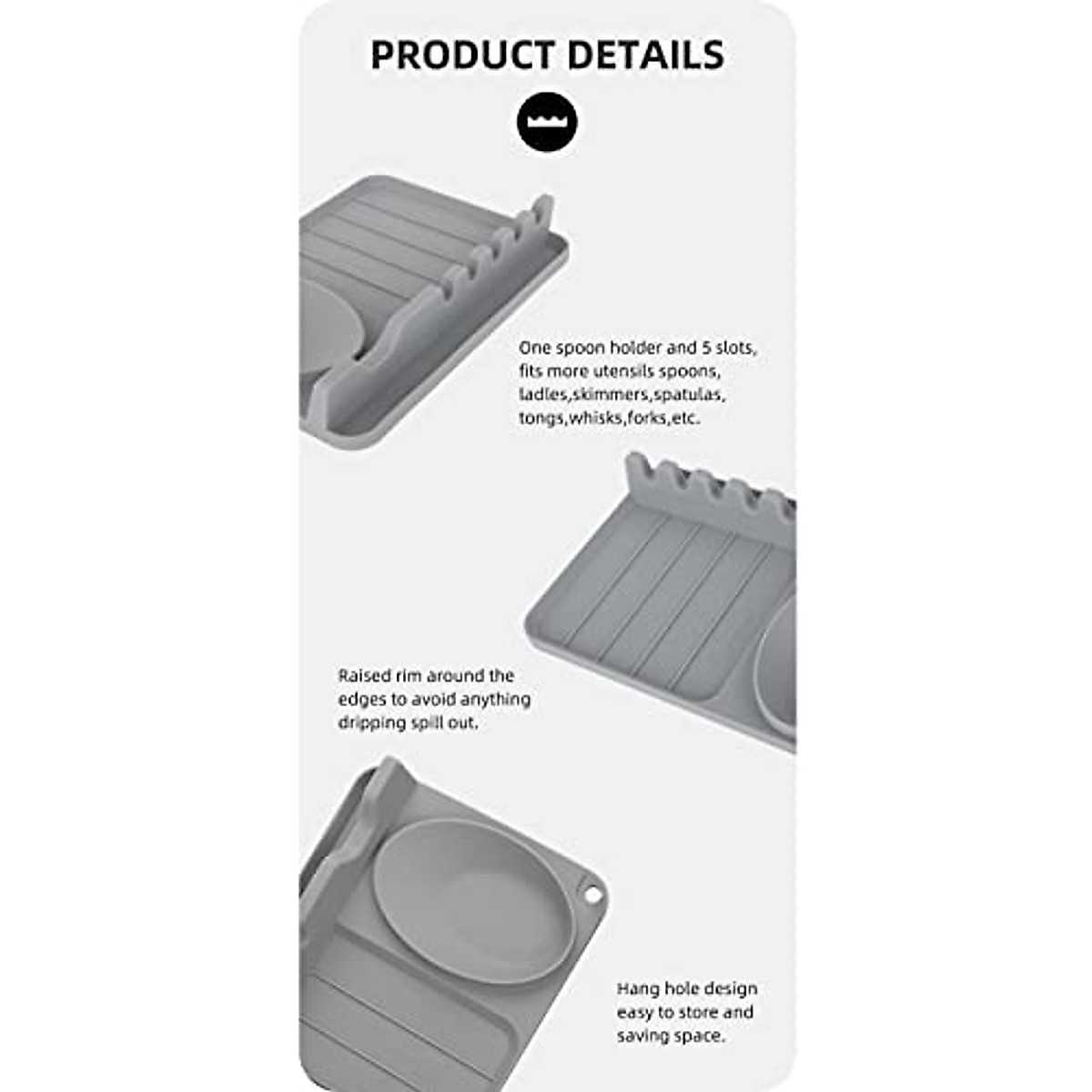 Keppa Silicone Spoon Rest, Utensil Holder, Gray, With Drip Pad for Multiple Utensils, Heat Resistant, 10.51x7.32 inches