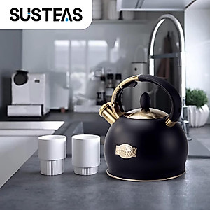 SUSTEAS Stove Top Whistling Tea Kettle-Surgical Stainless Steel Teakettle Teapot with Cool Touch Ergonomic Handle,1 Free Silicone Pinch Mitt Included,2.64 Quart(BLACK)