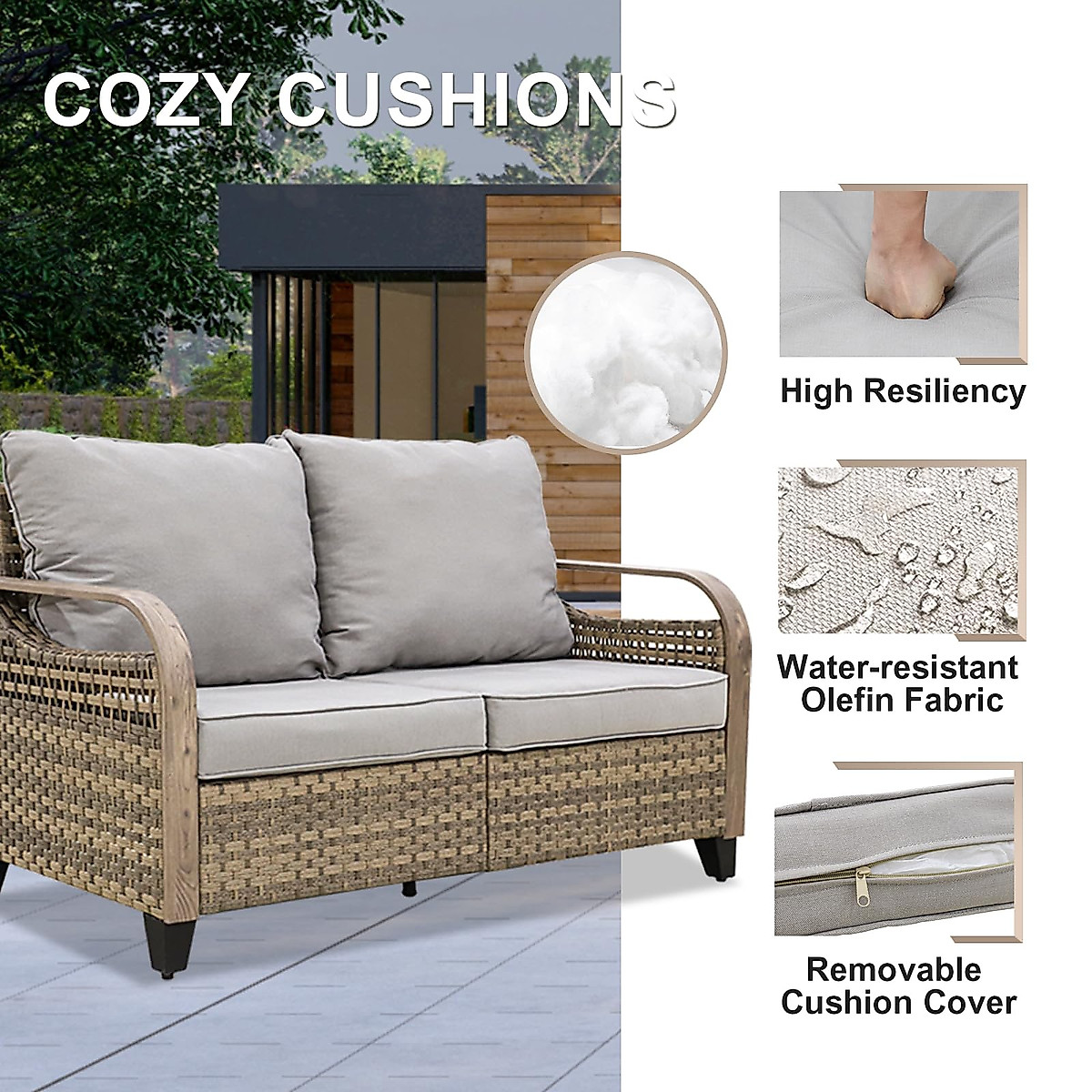 EAGLE PEAK Wicker Outdoor Patio Sofa Modern Rattan Patio Furniture Loveseat for Backyard Deck Porch Balcony, 2 Seat Loveseat, Brown/Gray