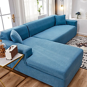 DuANgu Jacquard Sofa Slipcovers L Shape Stylish Sofa Cover Super Stretch Machine Washable Couch Covers Great for Kids & Pets -Blue-4 Seater+4 Seater