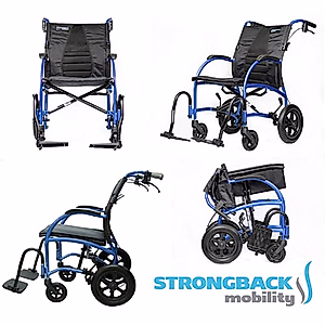 Strongback Mobility Excursion 12S+AB Lightweight Folding Wheelchair for Adults and Seniors - Transport Chair with Built-in Adjustable Lumbar Support; 18" Seat (12" Rear Wheels)