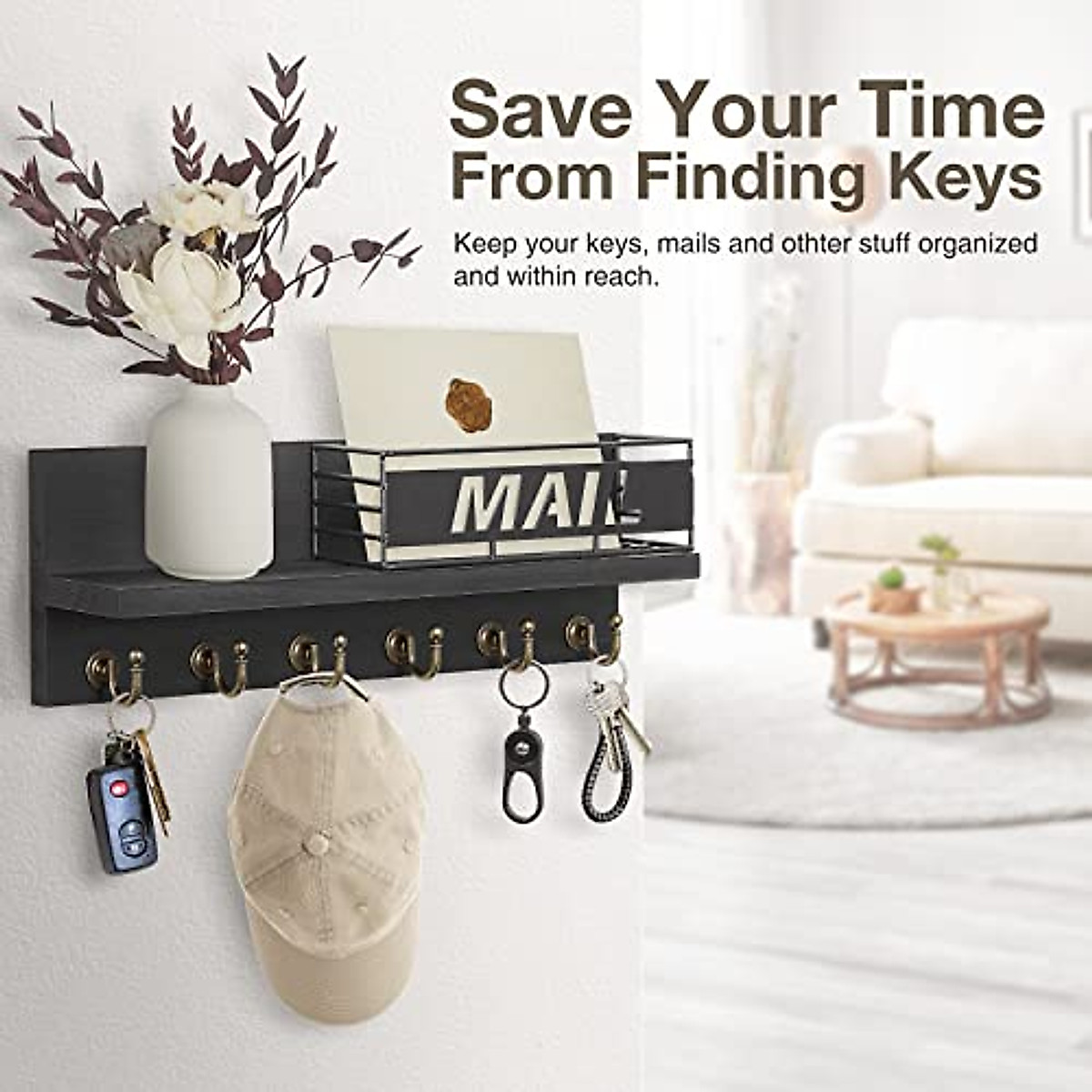 rorecay Key and Mail Holder for Wall: Easy Install Rustic Key Hooks for Wall with Measured Template, Wooden Key Rack with Metal Mail Slot for House Entryway Decor, Black