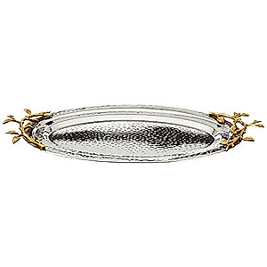 Elegance Golden Vine Hammered Stainless Steel Oval Tray, 16.5 by 10-Inch, Silver/Gold