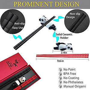 Chopsticks Reusable Panda Gifts With Cute Chopstick Rest & Chopsticks Dishwasher Safe Anniversary Gift for Couple (2PC Red-Black)