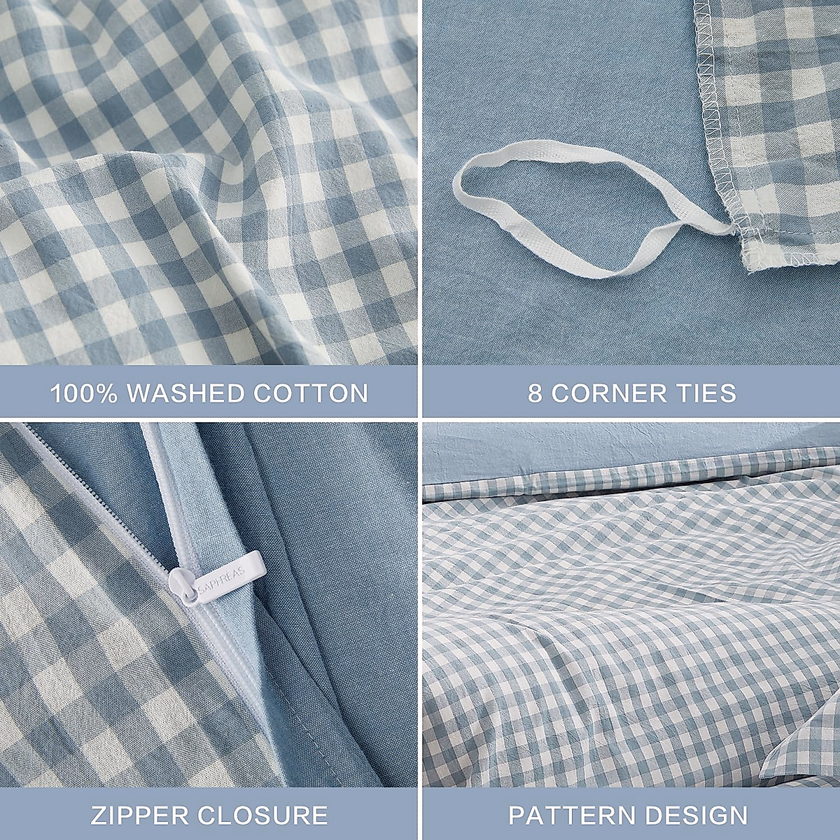 SAPHREAS Home Twin Light Blue Plaid Duvet Cover 100% Washed Cotton Soft Comforter Cover Simple Style 2pcs 1 Blue Grid Duvet Cover with Zipper Ties 1 Pillowsham