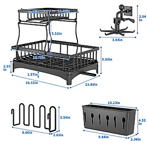 KEKAPE Dish Drying Rack, Space-Saving & Durable, Rust-Proof 2 Tier Stainless Steel Dish Rack for Kitchen Counter with Detachable Drainboard, Utensil Holder, and Cup Holder Set,Large Size, Black