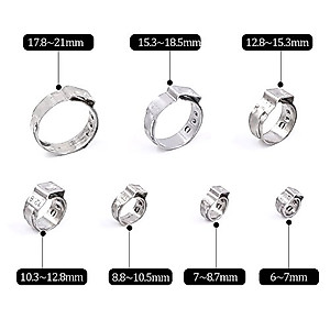 Glarks 120Pcs 7-21mm 304 Stainless Steel Single Ear Hose Clamps Assortment Kit