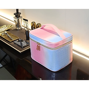 IMCUZUR Makeup Bag Organizer Travel Toiletry Bag for Women, Water-resistant Cosmetic Bag for Girls, Travel Make Up Bag for Accessories Cosmetics Toiletries (Blue-Pink Gradient)