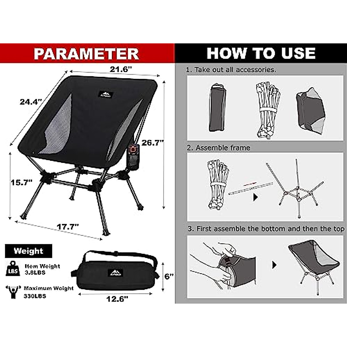 AnYoker Camping Chair, 2 Way Compact Backpacking Chair, Portable Folding Chair, Beach Chair with Side Pocket, Lightweight Hiking Chair Low Back Chair 0177 (Black 2pack)