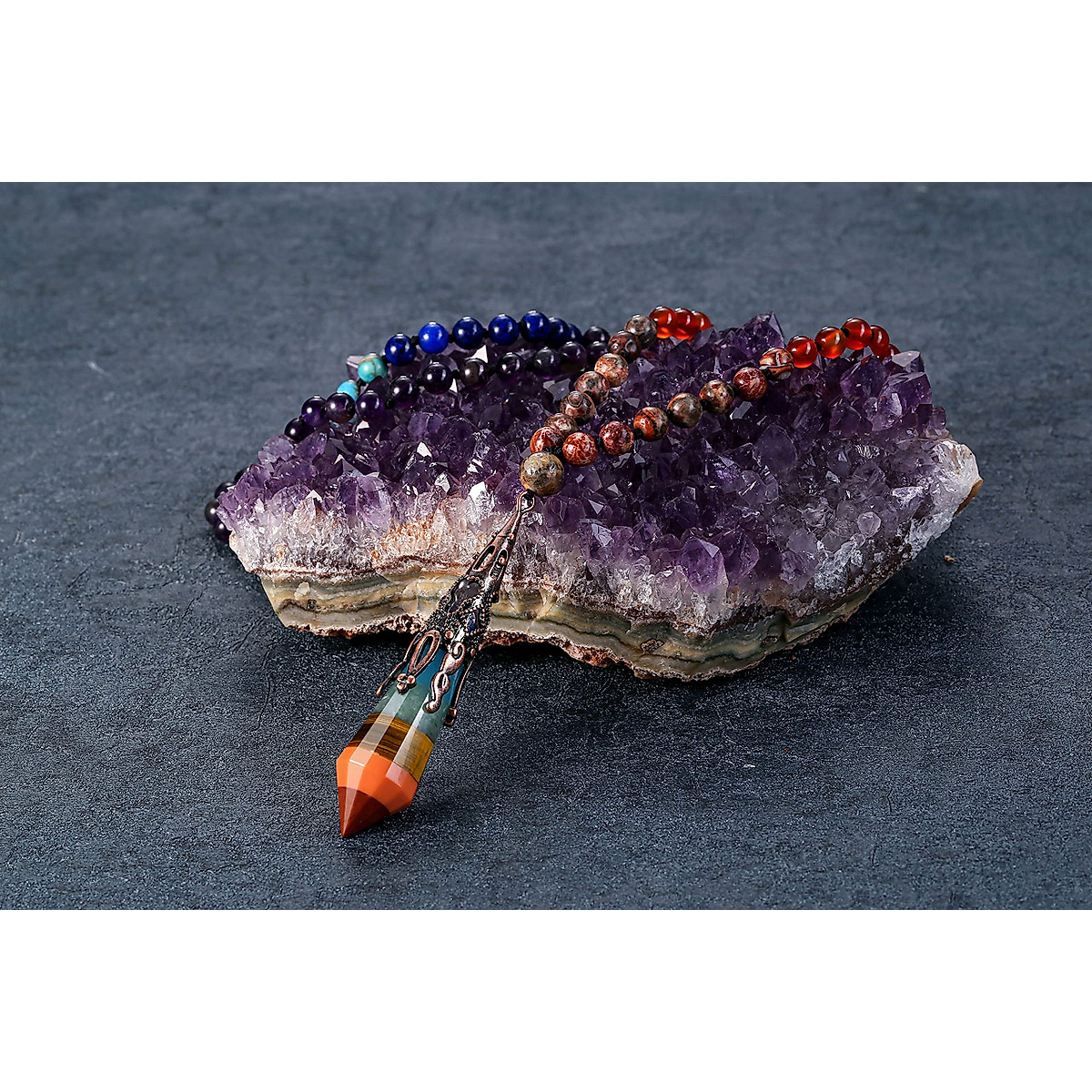 Jovivi 108 Mala Beads Bracelet Real Stones 7 Chakra Healing Crystals Necklace with 12 Facted Prism Pointed Pendant Reiki Energy Balancing Prayer Mala Beads for Meditation