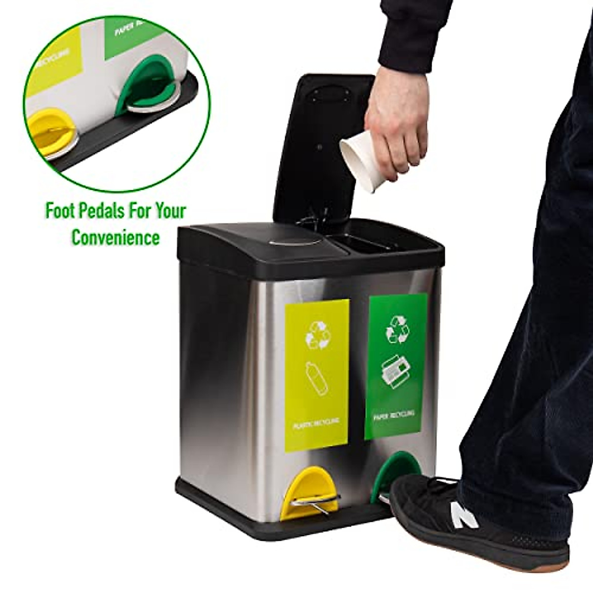 Mind Reader 2-Section Stainless Steel Recycle Bin 24 Liter/ 6.5 Gallon, Metal Recycling Bin