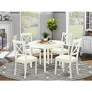 East West Furniture BOST5-LWH-LC 5 Piece Dining Set Includes a Round Dinner Table and 4 Faux Leather Kitchen Dining Chairs, 42x42 Inch, Linen White