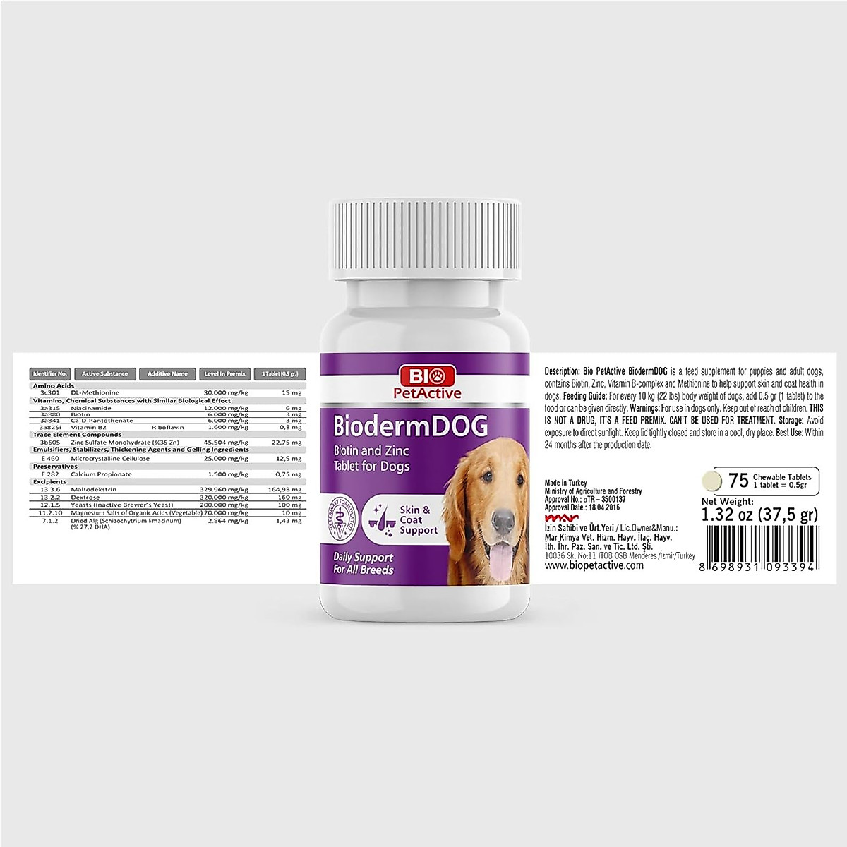 Bio Pet Active BiodermDOG 0.5 Zinc and Biotin Tablets for Dogs, Immune System, Skin, Coat and Nail Support for Dogs, 1.32 oz, 75 Chewable Tablets