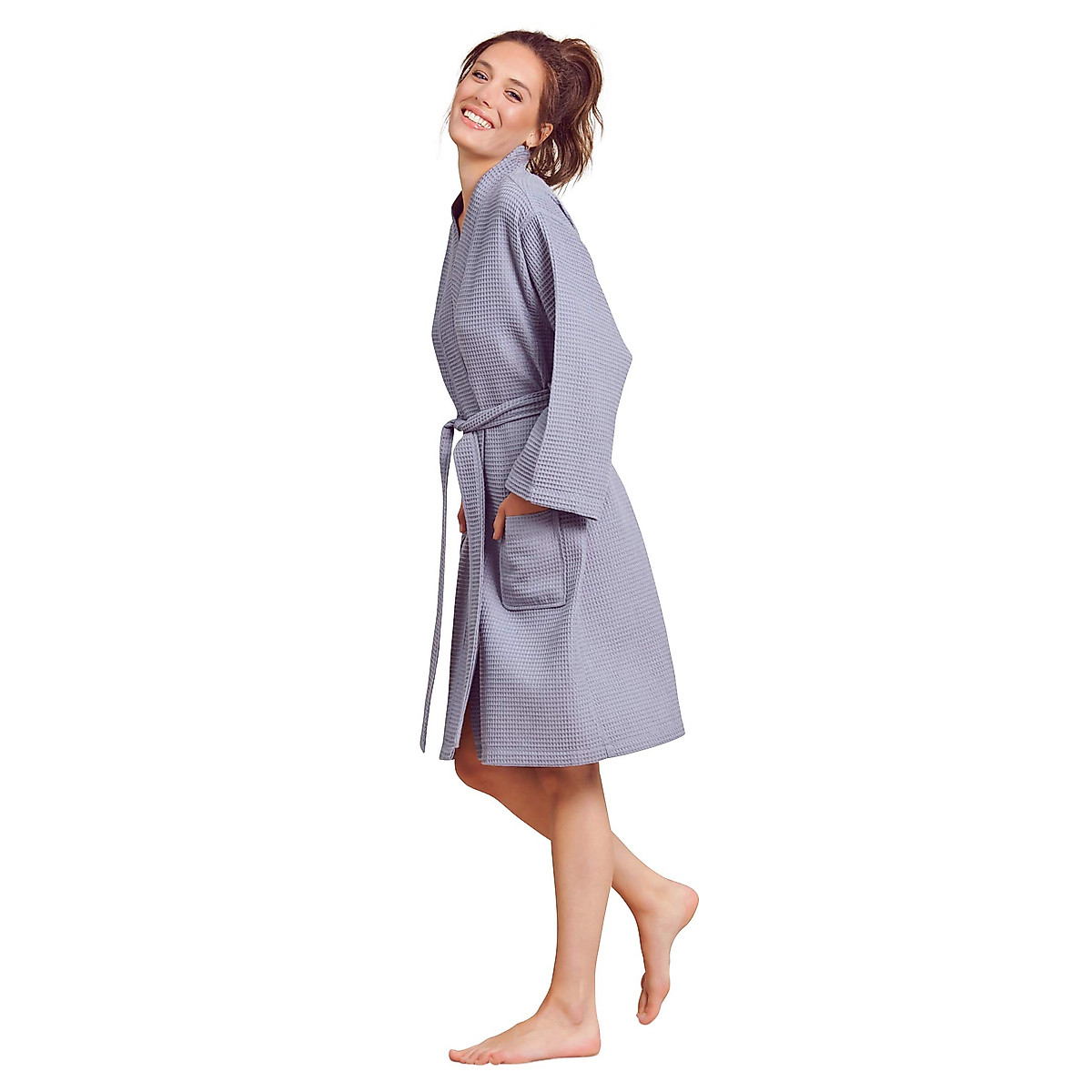 Soft Touch Linen Kimono Waffle Robe – Women’s Bath SPA Robe – Lightweight Cotton &Polyester Blend (Large, Grey)