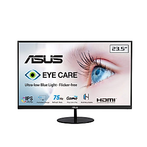 ASUS VL249HE 23.8” Eye Care Monitor, 1080P Full HD, 75Hz, IPS, Adaptive-Sync/FreeSync, Eye Care, HDMI VGA, Frameless Slim Design, VESA Wall Mountable (Renewed)
