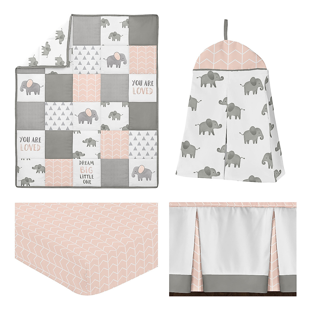 Sweet Jojo Designs Blush Pink, Grey and White Watercolor Elephant Safari Baby Girl Crib Bedding Set - 4 pieces