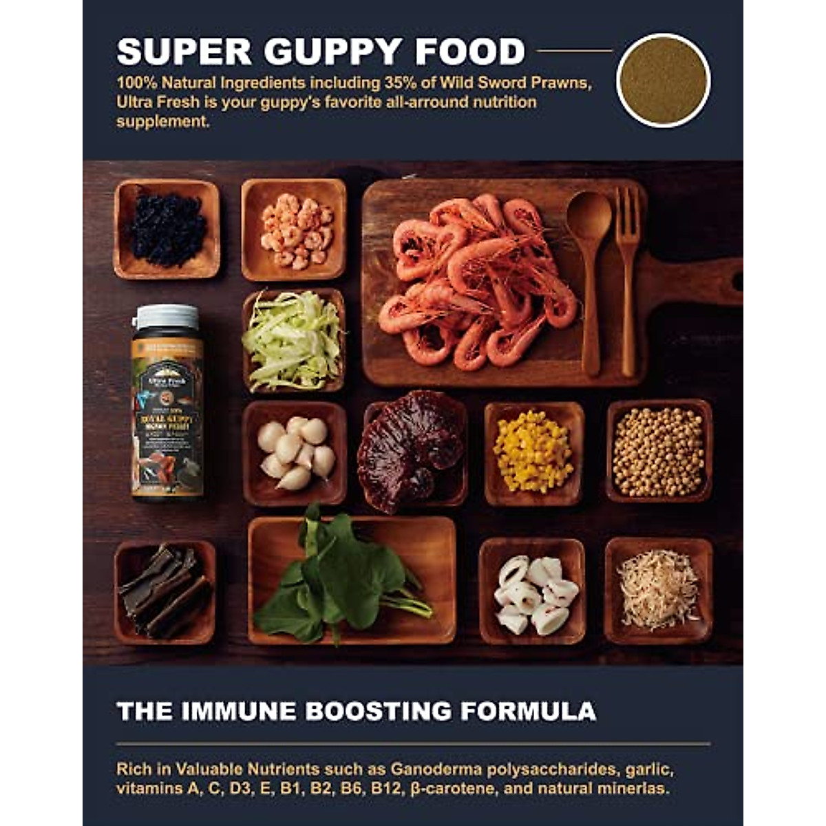 Ultra Fresh Royal Guppy Mignon Pellet, All Natural Guppy Food, Sword Prawns, Spirulina, Highly Nutritious, for Cleaner Water and More Vibrant Color 1.87 oz