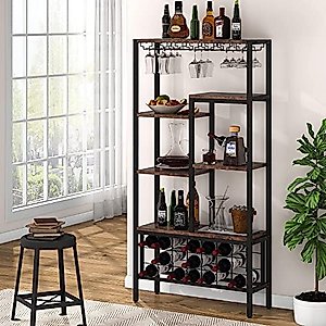 Tribesigns Wine Rack Freestanding Floor,Vintage Tall Wine Bar Cabinet with Storage,Wooden Alcohol Shelf with Bottle Holder,Brown