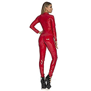 FEOYA Womens Wet Look Zipper Cat Suit Latex Catsuit Patent Leather Bodysuit Metallic Jumpsuit One Piece Party Clubwear Skinny Stretch Pvc Outfits Red, 2XL