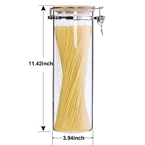 KKC HOME ACCENTS Tall Glass Pasta Storage Container with Hinged Lid,Glass Spaghetti Storage Jar Airtight Lid,Pasta Spaghetti Kitchen Canister,Noodle Holder Container with Bamboo Lid
