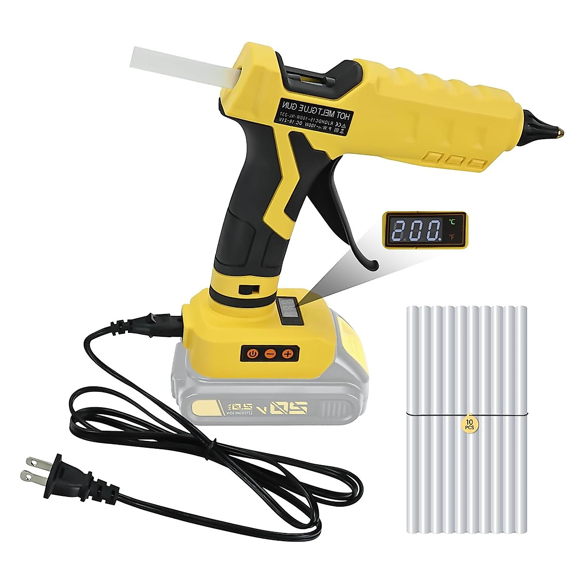 Cordless 100W Hot Glue Gun Dual for De-walt 20V Battery,Dual Power Supply Glue Gun,LCD Digital Display Up to 200℃ Temp Adjust with Plug,10Pcs hot glue gun sticks for Arts&Crafts&DIY(No Battery)