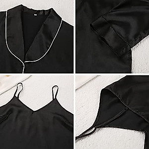 Womens Pajama Sets Silk Satin 3 Piece Sleepwear Cami Shorts and Long Sleeve Top Set Soft Comfy Loungewear, 3-black-imitation Silk-3pcs