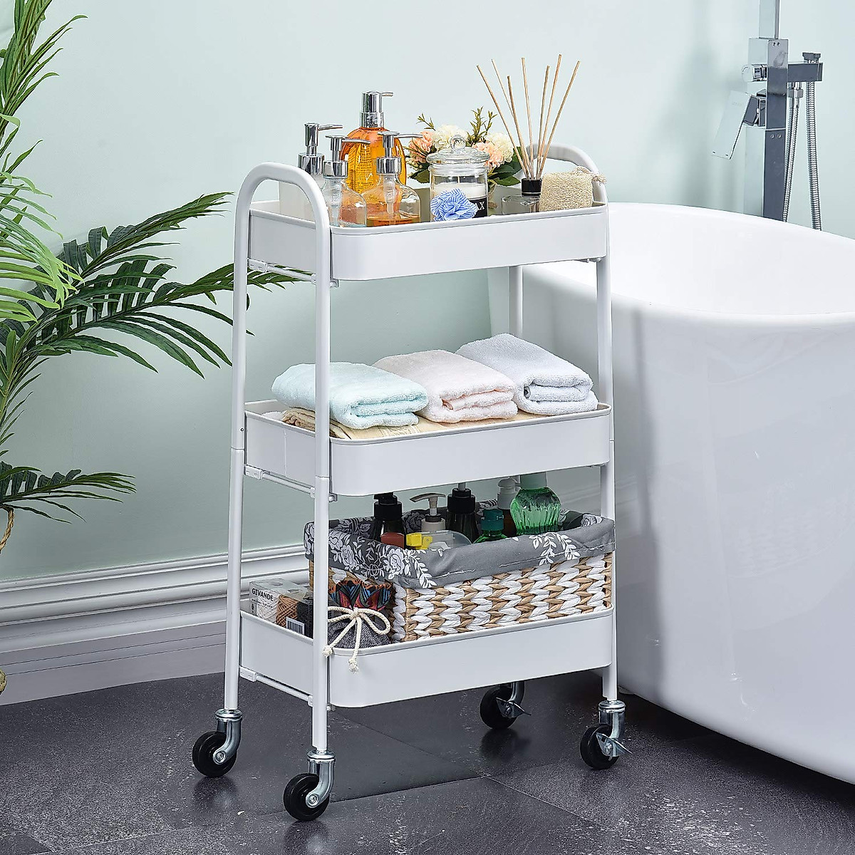 TOOLF 3 Tier Rolling Cart, No Screw Metal Utility Cart, Easy Assemble Utility Serving Cart, Sturdy Storage Trolley with Handles, Locking Wheels, for Classroom Office Home Bedroom Bathroom, White