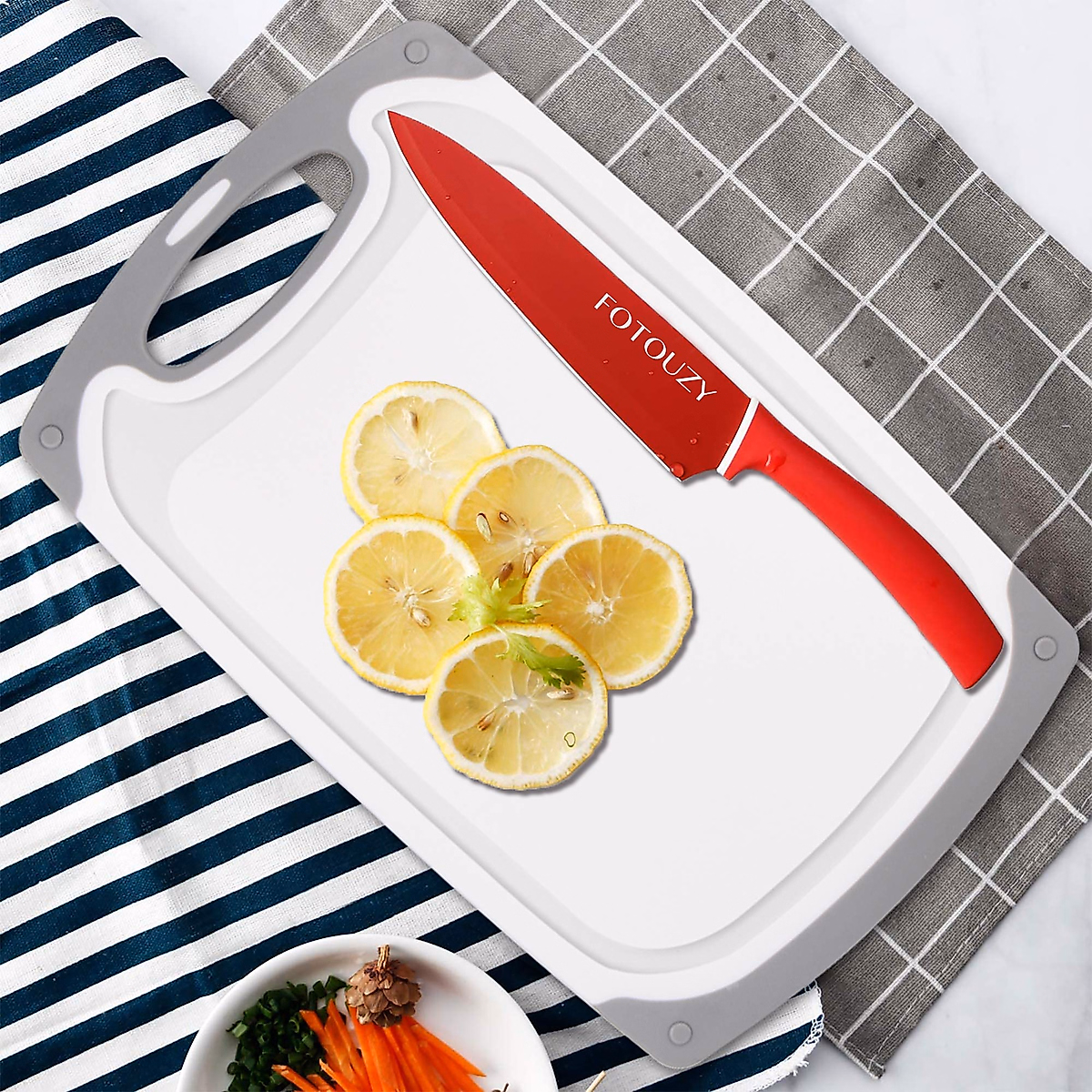 Fotouzy Extra Large Cutting Board Set of 3, BPA Free, Dishwasher Safe, Juice Grooves, Large Thick Plastic Boards, Easy Grip Handle, Non-Slip, Non Porous, Kitchen (Gray)