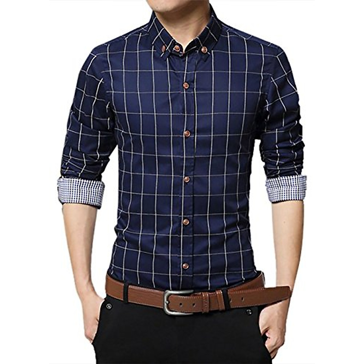 LOCALMODE Men's 100% Cotton Long Sleeve Plaid Slim Fit Button Down Dress Shirt,Navy Blue,Large