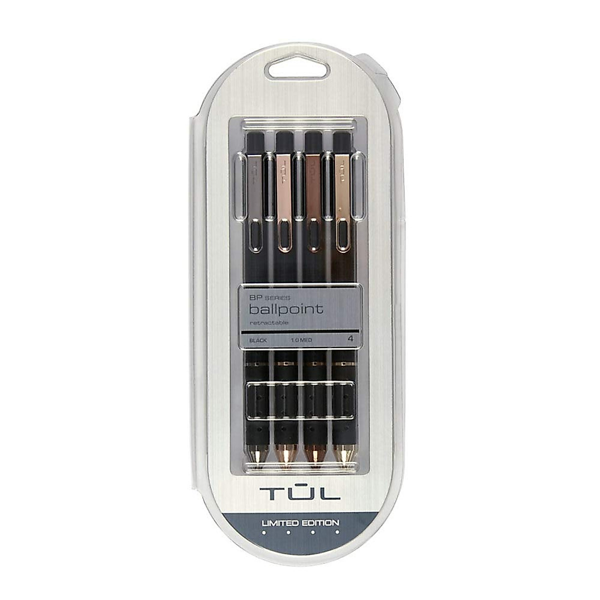 TUL Brilliance Pens, Ballpoint, Medium Point, 1.0 mm, Black Barrels, Black Ink, Pack of 4 Pens