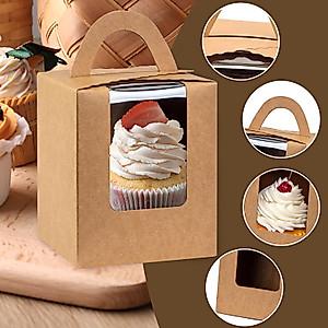 VGOODALL Kraft Cupcake Boxes,50pcs Single Cupcake Carrier with Window Insert and Handle Kraft Pastry Containers Muffins Cupcake Carriers for Bakery Wrapping Party Favor Packing