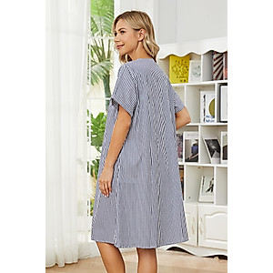 YOZLY House Dress Women Cotton Duster Robe Short Sleeve Housecoat Button Down Nightgown Navy Blue XX-Large