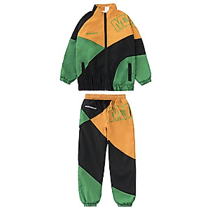 LOLANTA Kids Color Block Jacket Track Pants Sets Dance Outfits Sportswear Unisex (8-10 Green)
