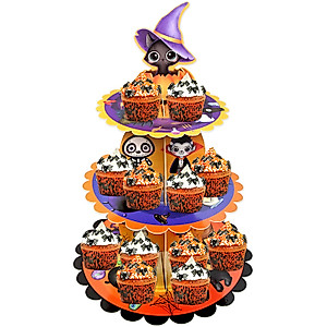 ceiba tree Halloween Cupcake Stand Decorations Holder Dessert Tower 3 Tier Cardboard Pumpkin Trick or Treat Party Birthday Supplies for Kids