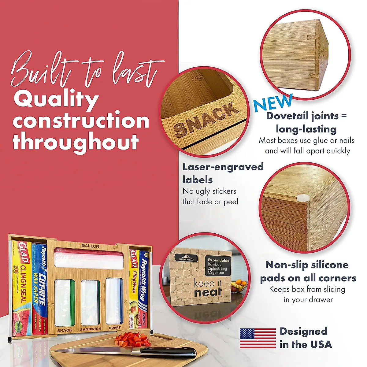 HinterHill Expandable Ziplock Bag Organizer and Kitchen Drawer Organizer, 6-in-1 Plastic Bag Organizer and Foil and Plastic Wrap Organizer with Slide Cutters, Ziplock Organizer with Two Wrap Cutters