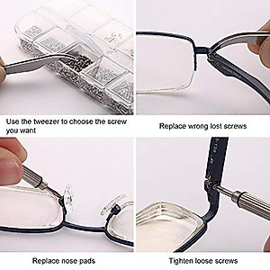 Eyeglasses Repair Kit, 1100Pcs Tiny Screws and 5 Pairs Nose Pads Stainless Steel Set with Micro Screwdriver Tweezer for Glasses, Sunglasses, Watch Repair