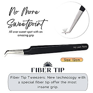 My Lash Tools Fiber Tip Lash Tweezers for Eyelash Extension Curved 45 Degree Angled Tweezer Best for Volume, Individual Isolation & Classic Lashes Stainless Steel Lash Supplies (Matte Black)