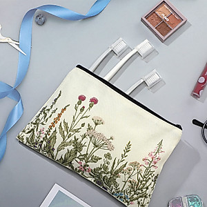 Sadnyy 2 Pcs Canvas Tote Bags Cute Aesthetic Floral Makeup Bags with Metal Zipper for Women Teacher Christmas Gift Shopping (Wildflower)