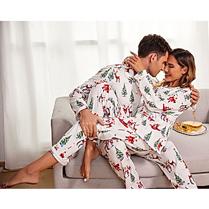 Ekouaer Christmas Family Matching Pajamas Long Sleeve Button Down Pj Set Festival Party Sleepwear,White Pattern,Women,L