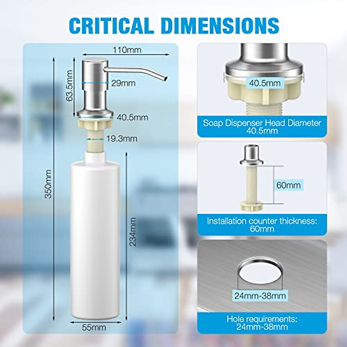 Built in Sink Soap Dispenser or Lotion Dispenser for Kitchen Sink Brushed Nickel Kitchen Sink Soap Dispenser Bar Sink Soap Dispenser with 17OZ Bottle