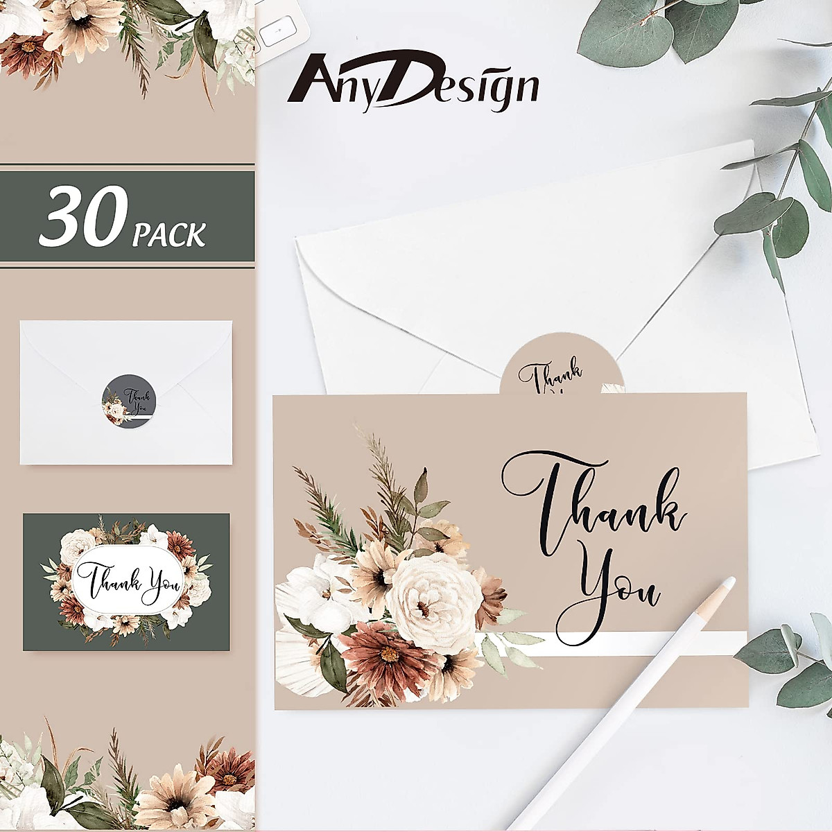 AnyDesign Boho Floral Thank You Cards Bulk 30 Pack Fall Rustic Greeting Cards with Stickers Envelopes Watercolor Flower Blank Appreciation Note Cards for Birthday Wedding Thanksgiving Baby Shower