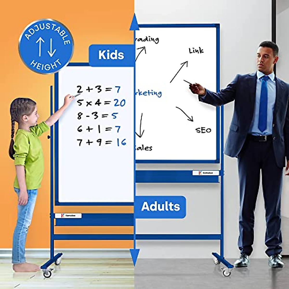 Rolling Magnetic Whiteboard 60 x 46 - Large Portable Dry Erase Board with Stand - Double Sided Easel Style Whiteboard with Wheels - Mobile Standing Whiteboard for Office, Classroom & Home