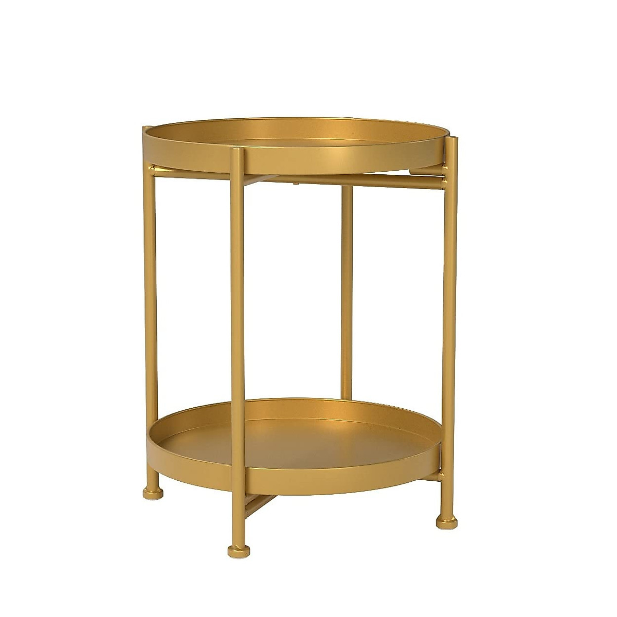 FUNME Gold Folding End Table 2-Tier Metal Round Side Table with Removable Tray for Living Room,(15.2''Dx20''H)