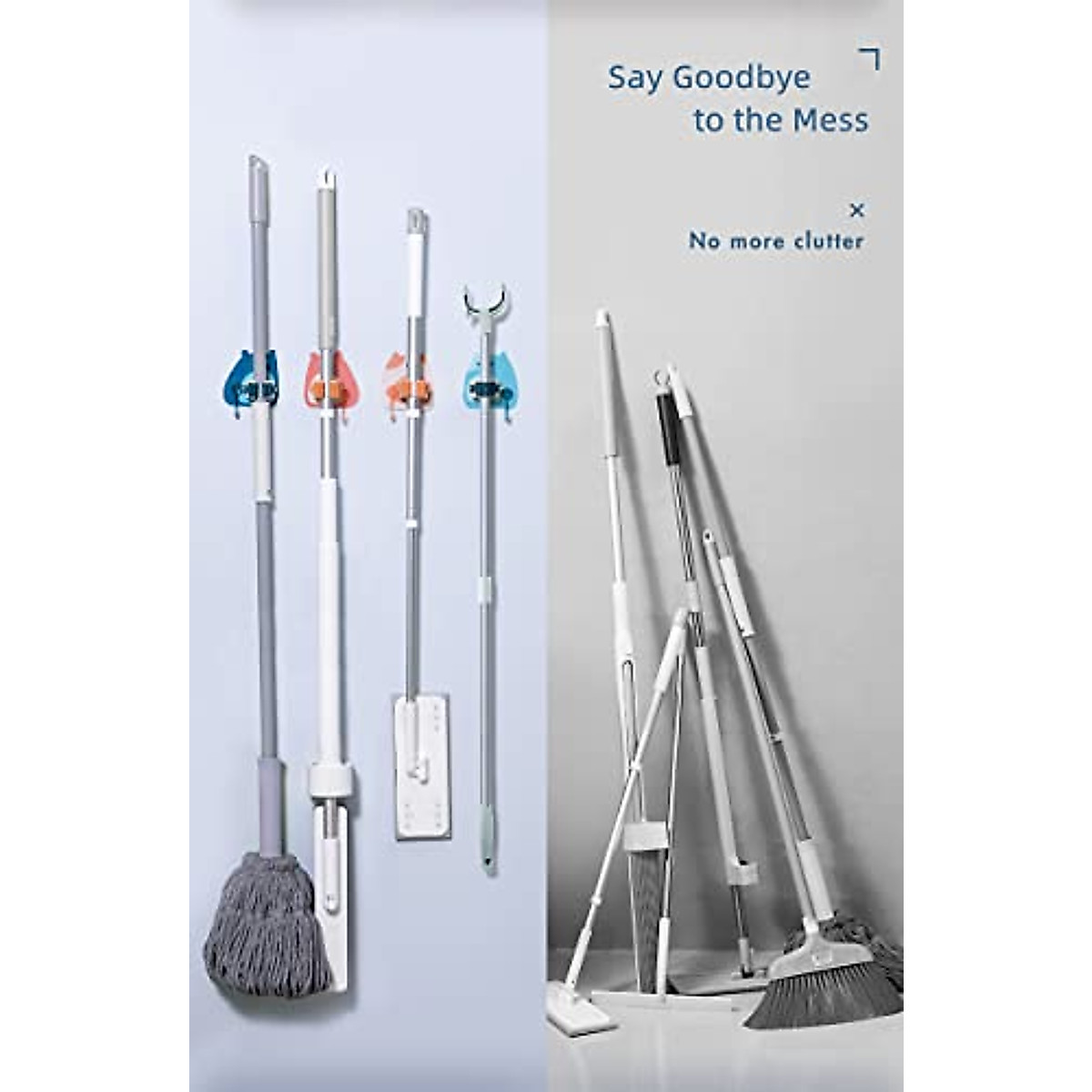 2- Pack Mop and Broom Holder Wall Mount with 1 Hook, Self Adhesive No Drilling Mop Hanger , Tool Organizer for Garage Orange & Blue CATH Cat Mop and Broom Holder