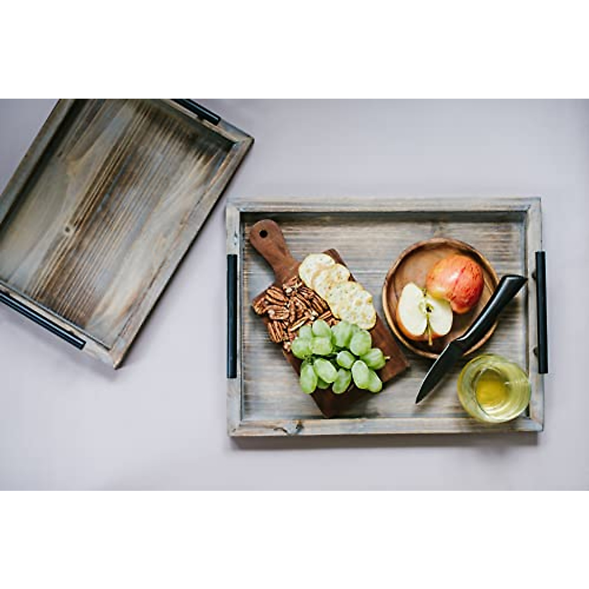 Decorative Ottoman Serving Tray Wooden Rustic (Set of 2) | Black Sleek Metal Handles | 4 Matching Coasters | Coffee Table Decor | Serving Kitchen Platter | Summit Living | For All Occasions