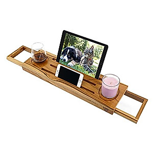 EcoFives Teak Bathtub Tray Caddy - Expandable Bath Tray - Adjustable Organizer Tray for Bathroom - Luxury Bath Caddy Tub Table, Bathtub Accessories & Bathroom Gadgets