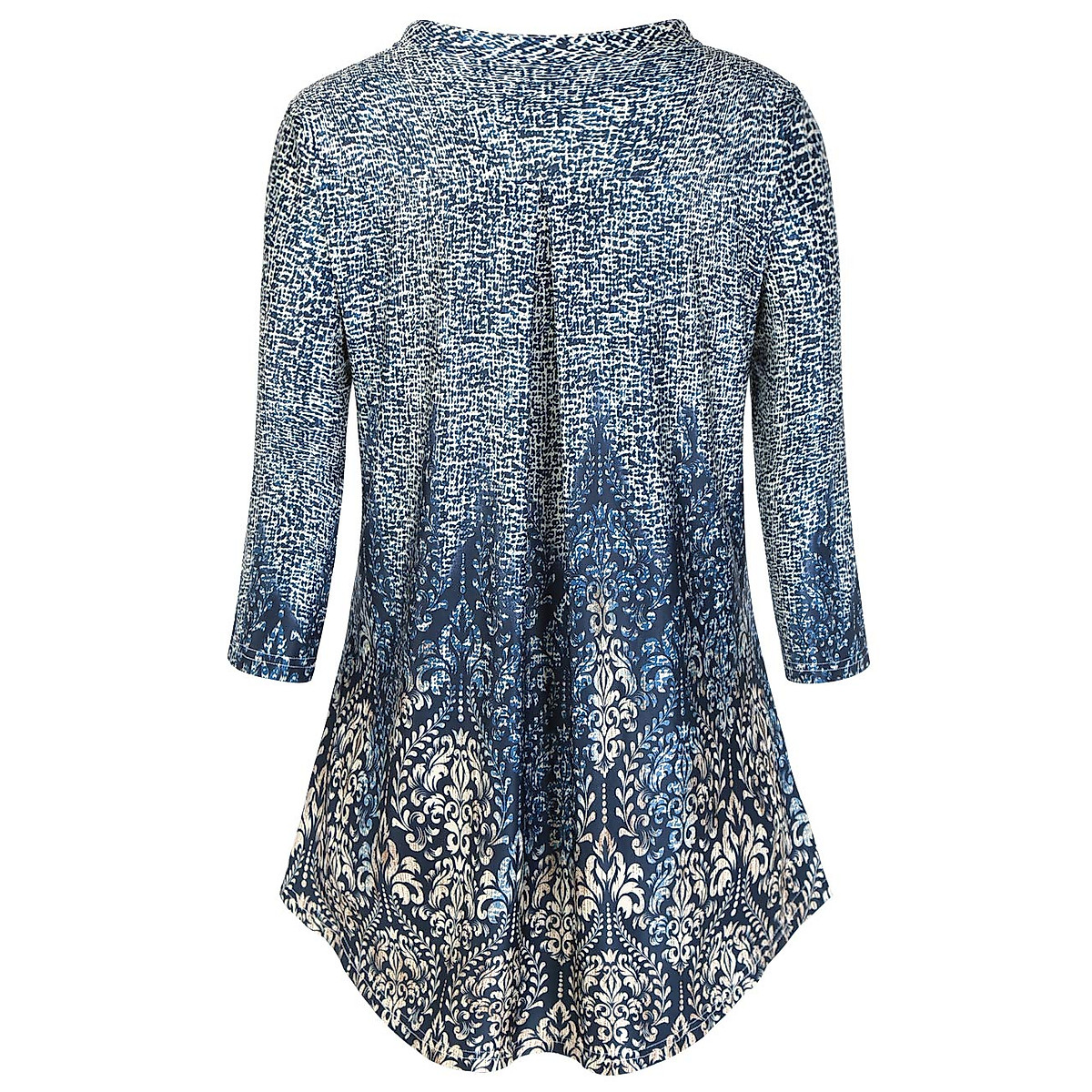 BAISHENGGT Womens Tunics Notch V Neck Tops 3/4 Sleeve Work Blouses Dressy Casual Going Out Shirts X-Large Navy Tribal