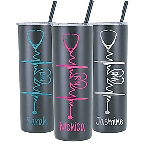 Heartbeat Nurse's Personalized 20 oz Stainless Steel Skinny Tumbler with Custom Stethoscope Vinyl Decal by Avito - Includes Straw and Lid - Nurse RN,CNA - Nurse Gift