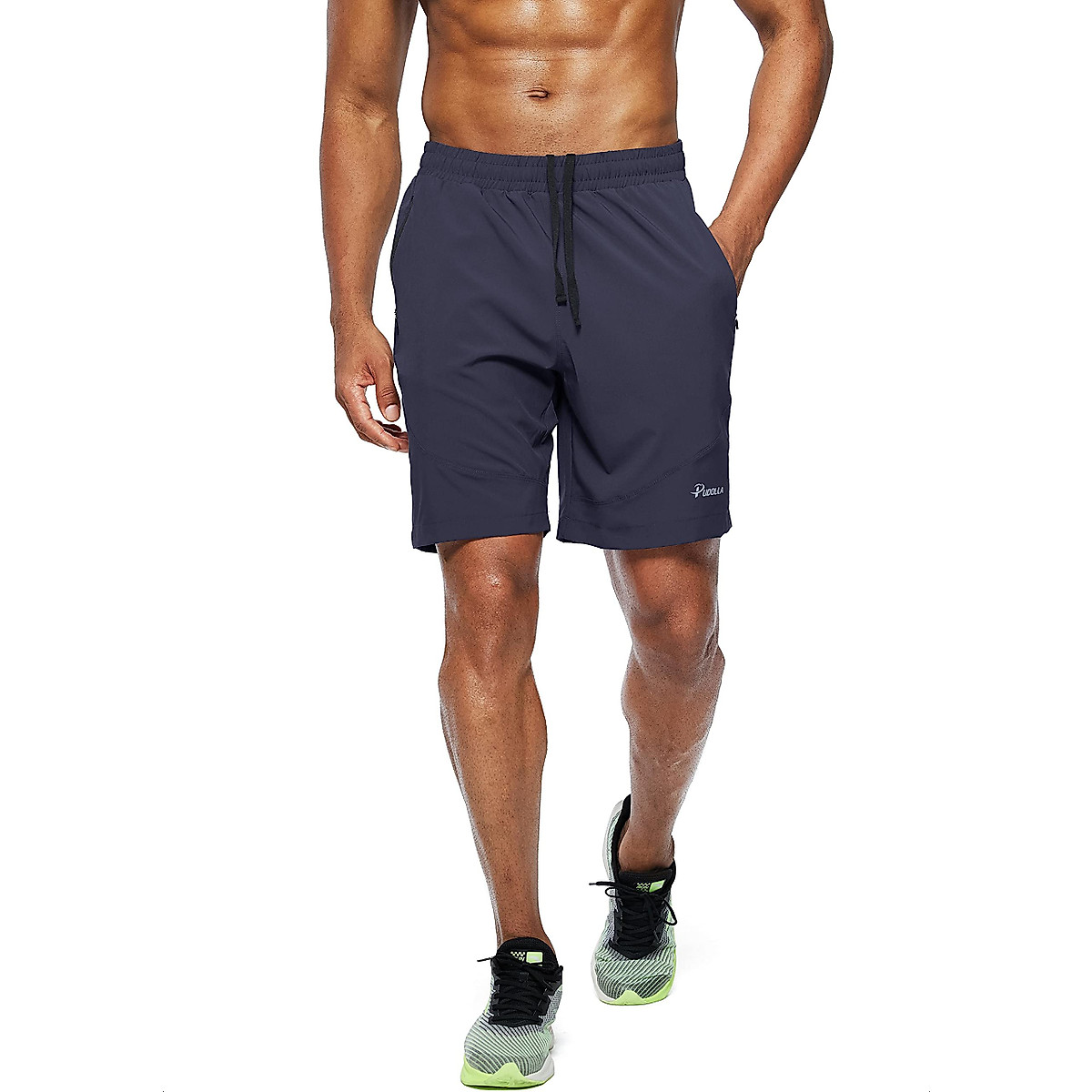 Pudolla Men's Workout Running Shorts Lightweight Gym Athletic Shorts for Men with Zipper Pockets (Navy Blue X-Large)