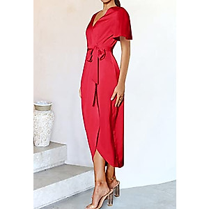 ZESICA Women's Elegant Bodycon Party Dress Satin Wrap V Neck Ruched Belted Formal Midi Dresses,Red,Medium